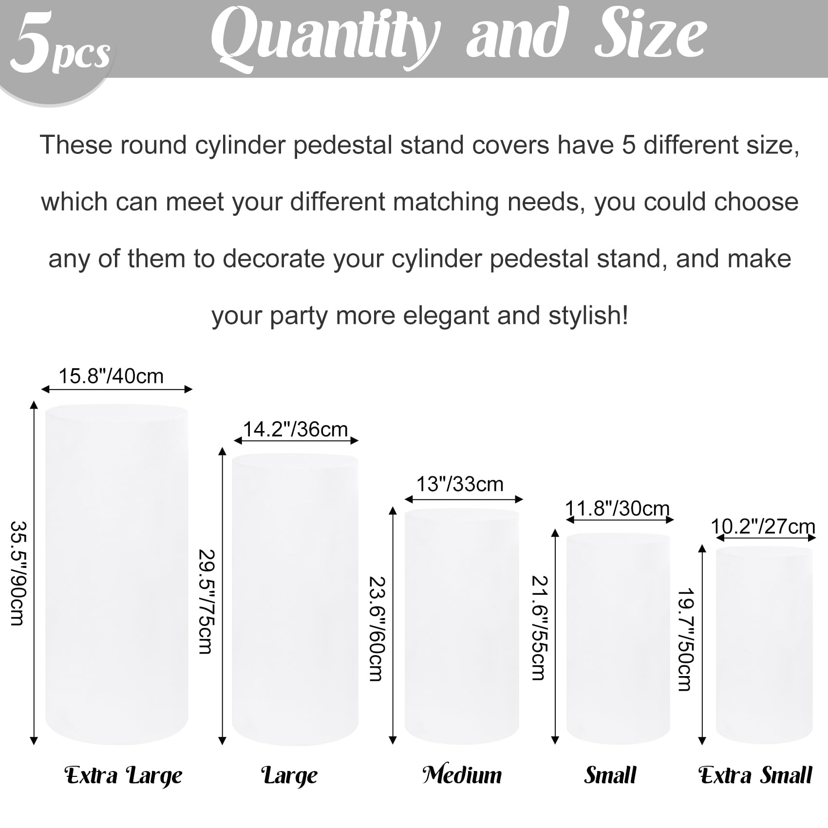 Spandex Cylinder Pedestal Stand Covers Set of 5 Stretchable Cylinder Plinth Covers Dessert Table Display Pillars Cover for Wedding Props Babyshower Birthday Party Event Decor (White)