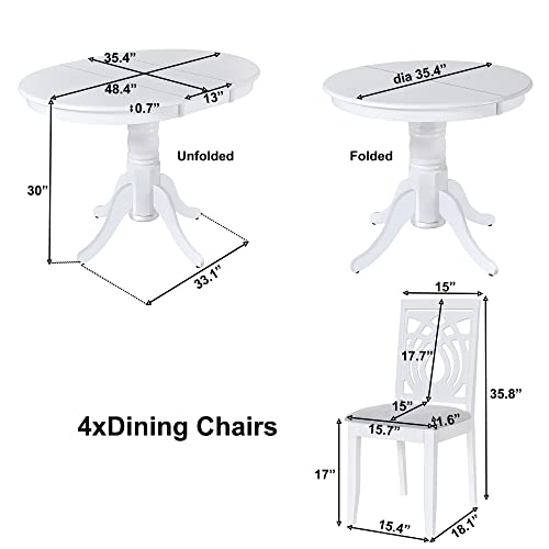 5-Piece Dining Table Set, Round Kitchen Table Set for 4, Extendable Kitchen Table Set with 4 Exquisite Upholstered Chair, Solid Wood Dining Furniture Set with Extendable Leaf for Small Places, White