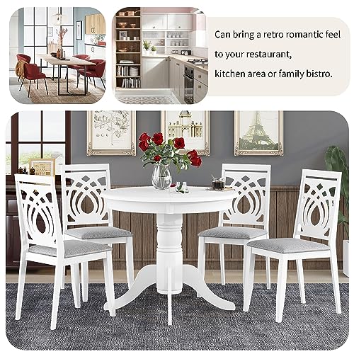 5-Piece Dining Table Set, Round Kitchen Table Set for 4, Extendable Kitchen Table Set with 4 Exquisite Upholstered Chair, Solid Wood Dining Furniture Set with Extendable Leaf for Small Places, White