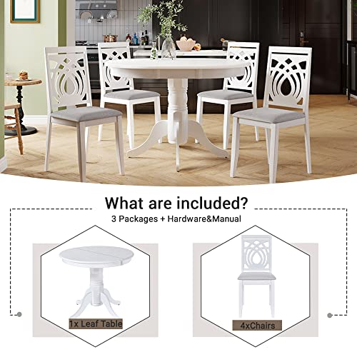 5-Piece Dining Table Set, Round Kitchen Table Set for 4, Extendable Kitchen Table Set with 4 Exquisite Upholstered Chair, Solid Wood Dining Furniture Set with Extendable Leaf for Small Places, White