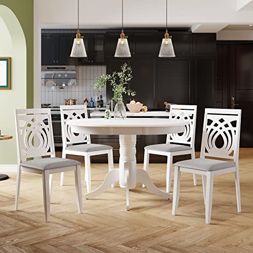 5-Piece Dining Table Set, Round Kitchen Table Set for 4, Extendable Kitchen Table Set with 4 Exquisite Upholstered Chair, Solid Wood Dining Furniture Set with Extendable Leaf for Small Places, White