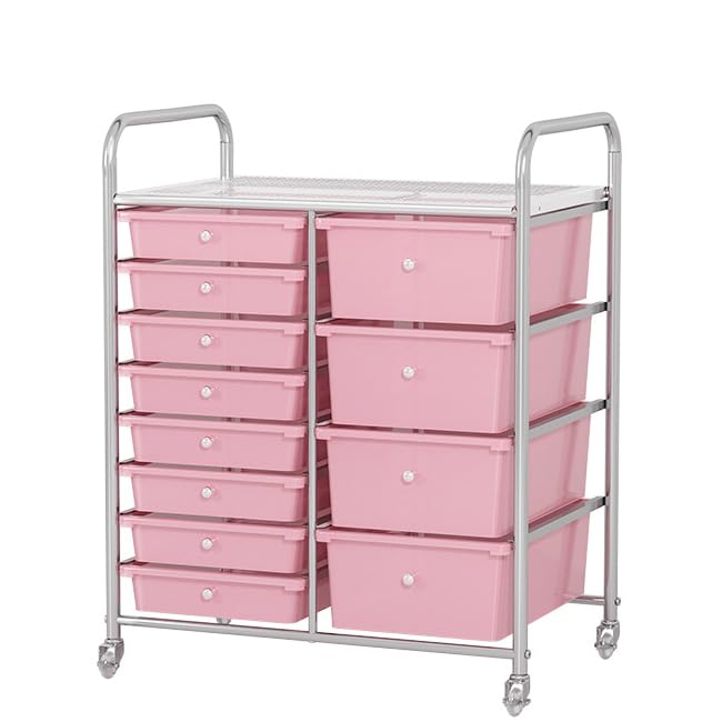 SXHEYUY Rolling Storage Cart, 15 Drawer 12 Drawer Big Capacity Organizer Cart for Office School, Metal Craft Art Organizer Cart Beauty Salon Carts, Shelf with Wheel,Pink,12 Tier