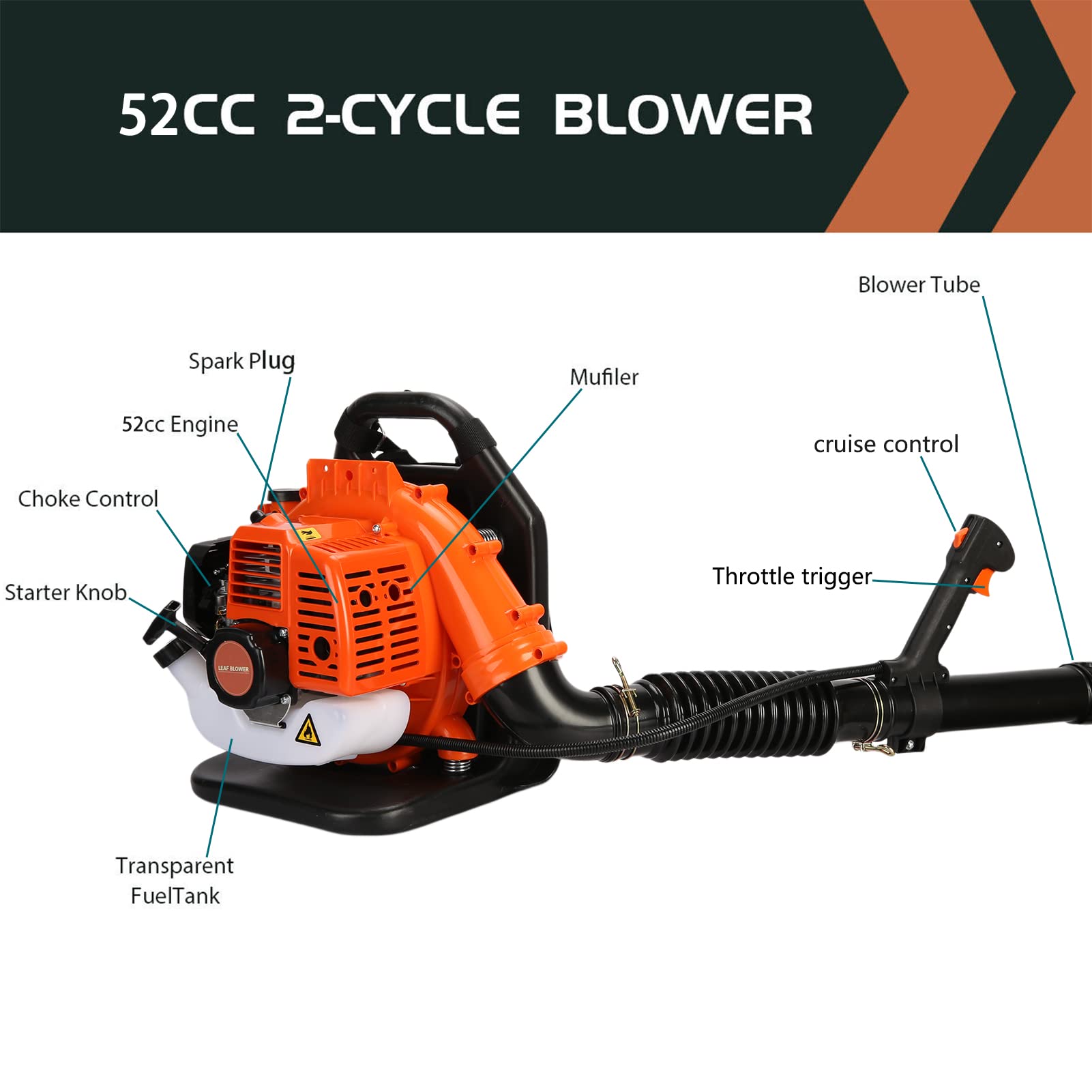 Gas Leaf Blower - 52CC 550CFM 2 Stroke Gas Powered Backpack Leaf Blower, Powerful Back Pack Blowers Gasoline Grass Blower with Air-Cooled for Dust, Snow Debris, Lawn Care
