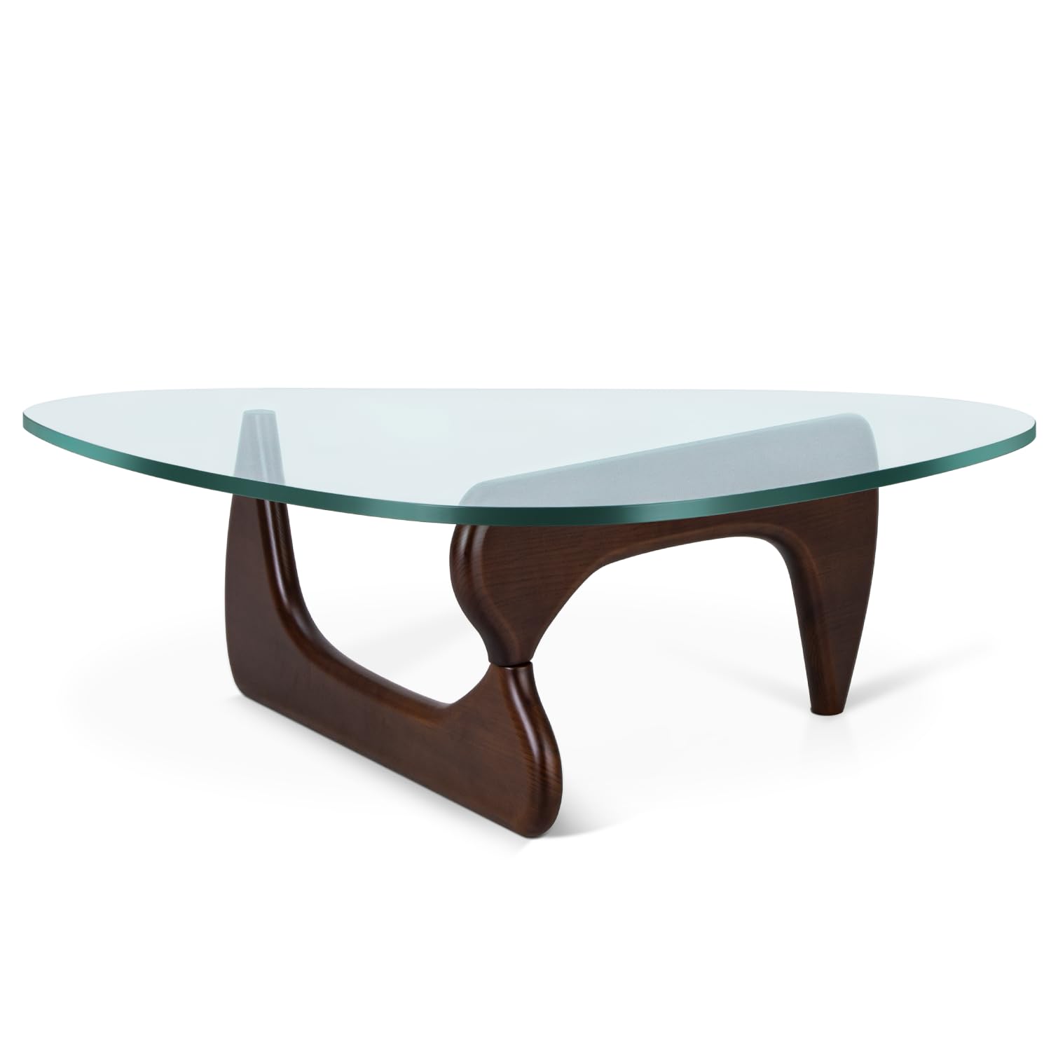 Rimdoc Triangle Glass Coffee Table Modern Noguchi Coffee Table, Vintage Glass, Wood End Table, Solid Wood Base and Clear Glass Top Accent Coffee Table, for Living Room, Patio(Upgraded Version)