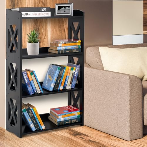 YCICI Open Bookshelf, 4 Tier Bookcase, Small Book Shelf, Wooden Book Shelf Kitchen Shelf, Freestanding Display Storage Shelves for Bedroom, Living Room and Office (Black)