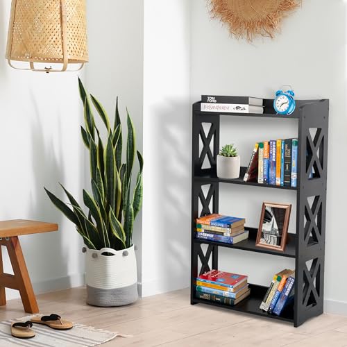YCICI Open Bookshelf, 4 Tier Bookcase, Small Book Shelf, Wooden Book Shelf Kitchen Shelf, Freestanding Display Storage Shelves for Bedroom, Living Room and Office (Black)