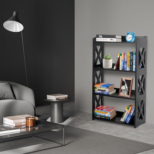 YCICI Open Bookshelf, 4 Tier Bookcase, Small Book Shelf, Wooden Book Shelf Kitchen Shelf, Freestanding Display Storage Shelves for Bedroom, Living Room and Office (Black)
