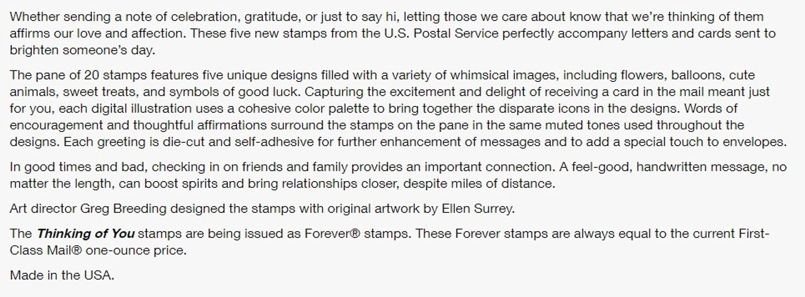 Thinking of You (2 Sheets of 20) First-Class Mail Forever Postage Stamps 2023 Scott 5803-5807