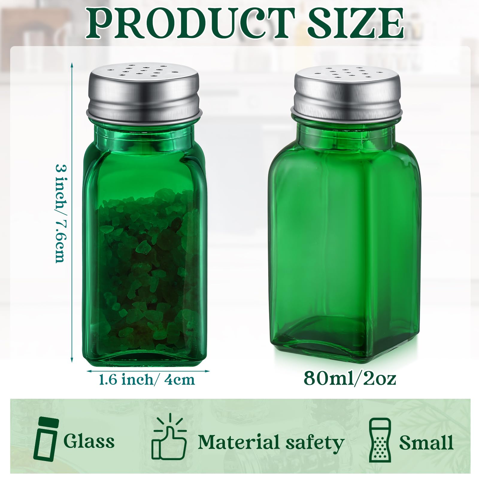 Hushee 40 Pcs Retro Style Salt and Pepper Shakers Bulk Set 2 oz Clear Glass Salt Shaker with Stainless Steel Lids for Kitchen Counter Table Restaurant Hold Various Condiments(Green)