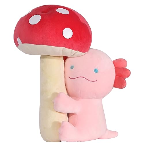 HAIJUNYA 15" Cute Mushroom Axolotl Plush Pillow, Kawaii Red Mushroom Axolotl Stuffed Animals Toy Decor, Soft Squishy Plushies Gifts for Girls, Christmas, Birthday