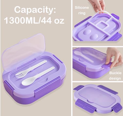 Cheardia 3 Pack Bento Lunch Box for Kid, 44 oz 4-Compartment Food Containers with Fork and Spoon BPA-Free Lunch Containers for Adults, Work, Microwave and Dishwasher Safe, Purple, Pink, Green