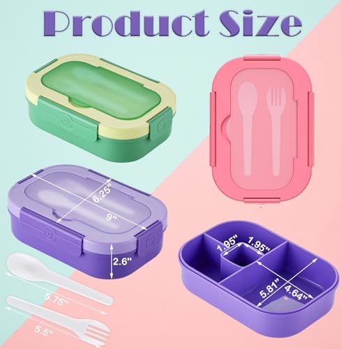 Cheardia 3 Pack Bento Lunch Box for Kid, 44 oz 4-Compartment Food Containers with Fork and Spoon BPA-Free Lunch Containers for Adults, Work, Microwave and Dishwasher Safe, Purple, Pink, Green