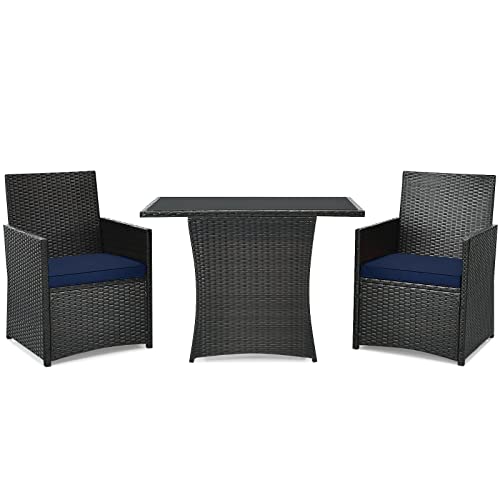 LUKEO 3PCS Patio Rattan Furniture Set Cushion Sofa Armrest Garden Deck Navy Mixed Brown