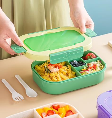 Cheardia 3 Pack Bento Lunch Box for Kid, 44 oz 4-Compartment Food Containers with Fork and Spoon BPA-Free Lunch Containers for Adults, Work, Microwave and Dishwasher Safe, Purple, Pink, Green