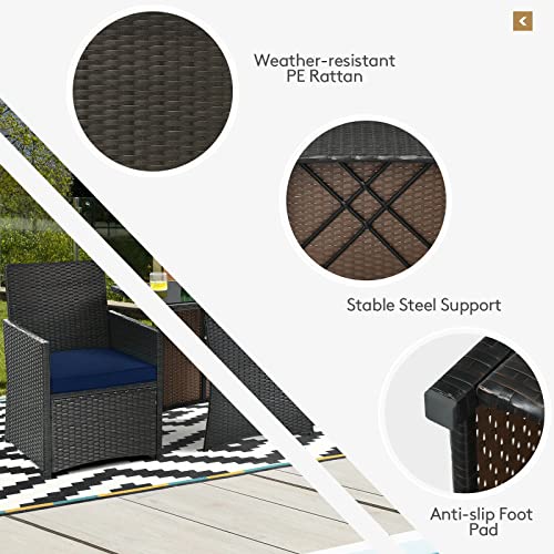 LUKEO 3PCS Patio Rattan Furniture Set Cushion Sofa Armrest Garden Deck Navy Mixed Brown