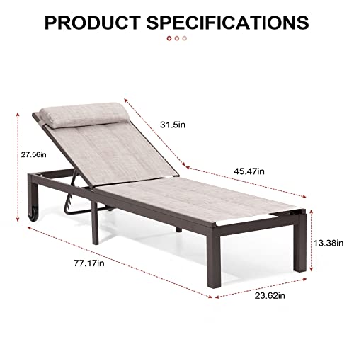 Crestlive Products Aluminum Patio Chaise Lounge Chair Five-Position Adjustable Outdoor Recliner with Headrest and Wheels All Weather for Patio, Beach, Yard, Pool (2 PCS Beige)