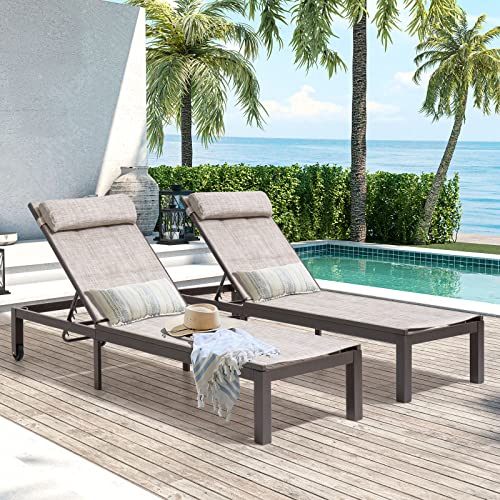 Crestlive Products Aluminum Patio Chaise Lounge Chair Five-Position Adjustable Outdoor Recliner with Headrest and Wheels All Weather for Patio, Beach, Yard, Pool (2 PCS Beige)