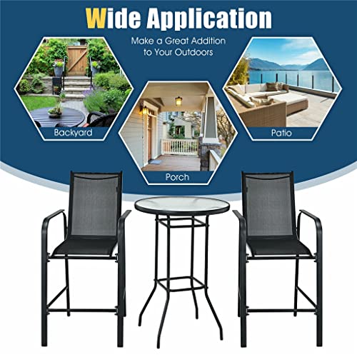 LUKEO 3 PCS Outdoor Patio Bar Table Stool Set Height Tempered Glass Top Suitable for Garden, Patio, Poolside, Backyard and More