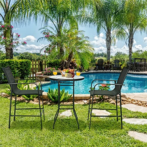 LUKEO 3 PCS Outdoor Patio Bar Table Stool Set Height Tempered Glass Top Suitable for Garden, Patio, Poolside, Backyard and More