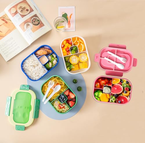 Cheardia 3 Pack Bento Lunch Box for Kid, 44 oz 4-Compartment Food Containers with Fork and Spoon BPA-Free Lunch Containers for Adults, Work, Microwave and Dishwasher Safe, Purple, Pink, Green