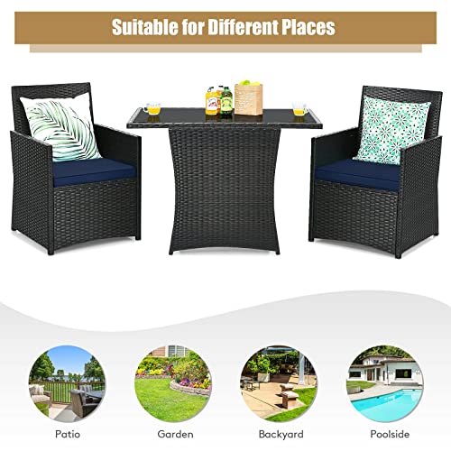 LUKEO 3PCS Patio Rattan Furniture Set Cushion Sofa Armrest Garden Deck Navy Mixed Brown