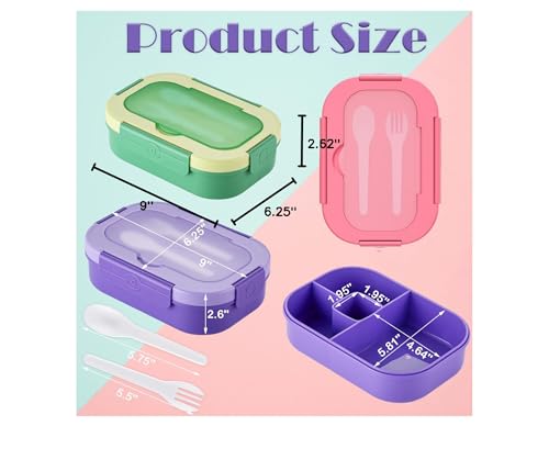 Cheardia 3 Pack Bento Lunch Box for Kid, 44 oz 4-Compartment Food Containers with Fork and Spoon BPA-Free Lunch Containers for Adults, Work, Microwave and Dishwasher Safe, Purple, Pink, Green