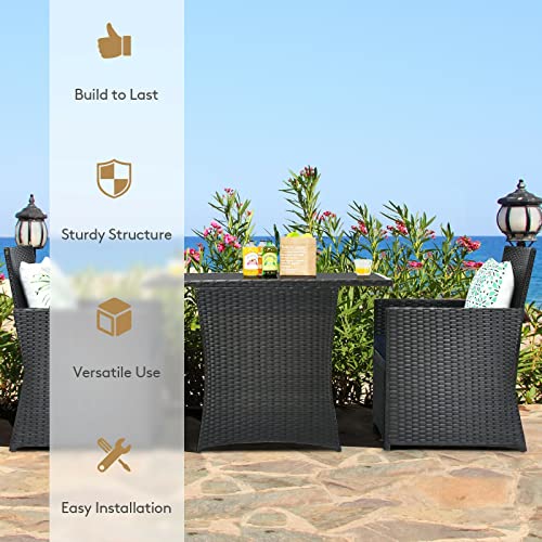 LUKEO 3PCS Patio Rattan Furniture Set Cushion Sofa Armrest Garden Deck Navy Mixed Brown