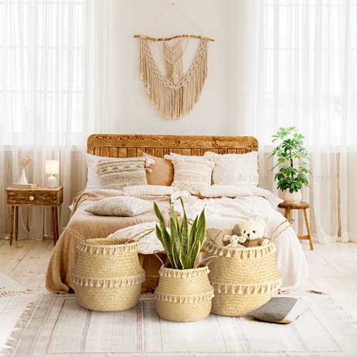 Artera Woven Seagrass Plant Basket - Wicker Belly Basket Planter Indoor with Plastic Liner and Handles, Natural Plant Pot for Fiddle Leaf Fig Tree, Snake Plant (XXL, Natural with Tassel Macrame)