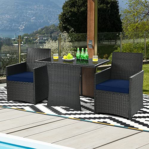 LUKEO 3PCS Patio Rattan Furniture Set Cushion Sofa Armrest Garden Deck Navy Mixed Brown
