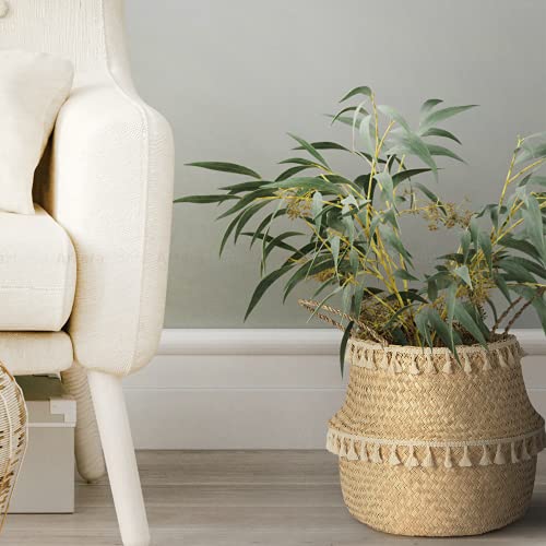 Artera Woven Seagrass Plant Basket - Wicker Belly Basket Planter Indoor with Plastic Liner and Handles, Natural Plant Pot for Fiddle Leaf Fig Tree, Snake Plant (XXL, Natural with Tassel Macrame)