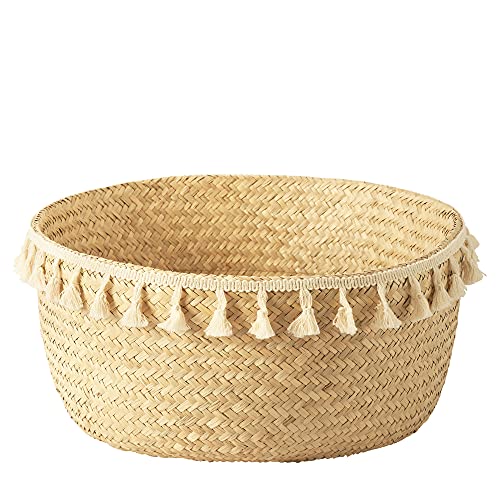 Artera Woven Seagrass Plant Basket - Wicker Belly Basket Planter Indoor with Plastic Liner and Handles, Natural Plant Pot for Fiddle Leaf Fig Tree, Snake Plant (XXL, Natural with Tassel Macrame)