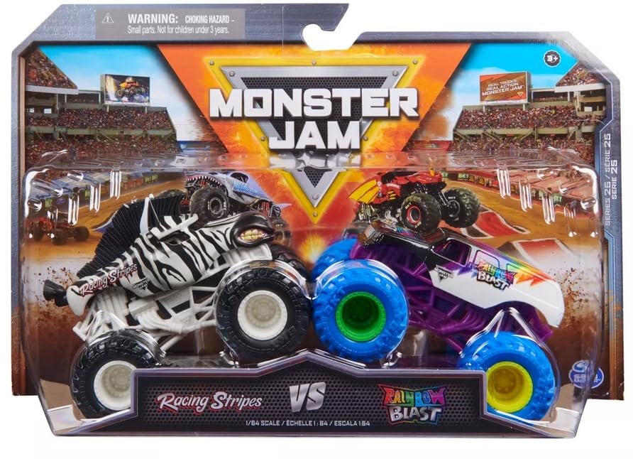Monster Jam 2023 Official 1:64 Scale Diecast Truck 2-Pack (Series 25 Racing Stripes vs Rainbow Blast)