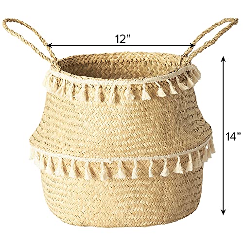 Artera Woven Seagrass Plant Basket - Wicker Belly Basket Planter Indoor with Plastic Liner and Handles, Natural Plant Pot for Fiddle Leaf Fig Tree, Snake Plant (XXL, Natural with Tassel Macrame)
