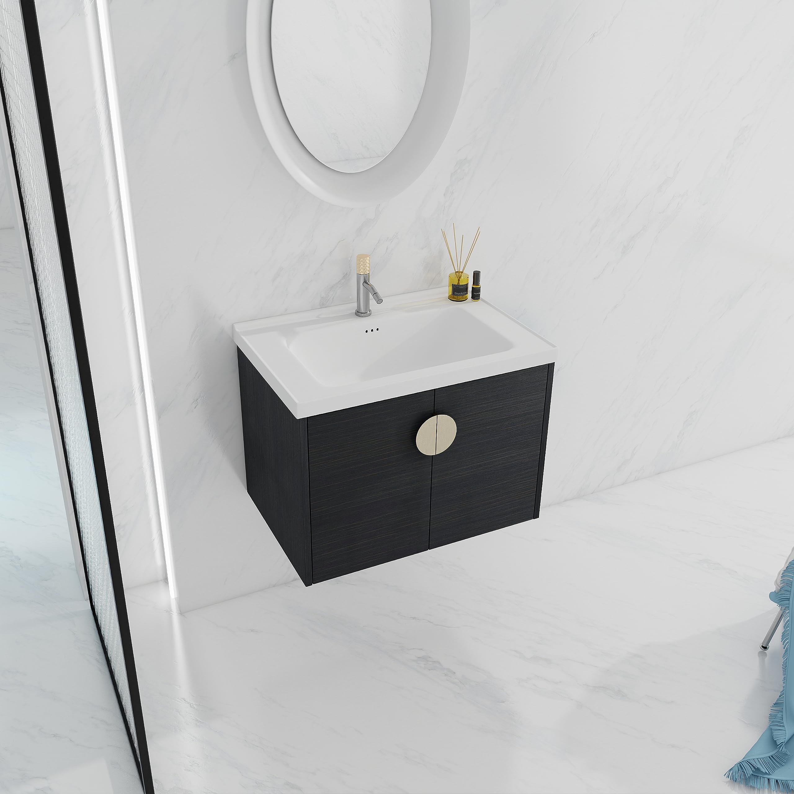 28-Inch Wall Mounted Bathroom Vanity with Sink Combo Modern Single Bathroom Vanity Set with Top Ceramic Basin & Storage Cabinet Wood Hanging Bath Cabinet w/Resin Sink for Bathroom (Black-28 Inch)