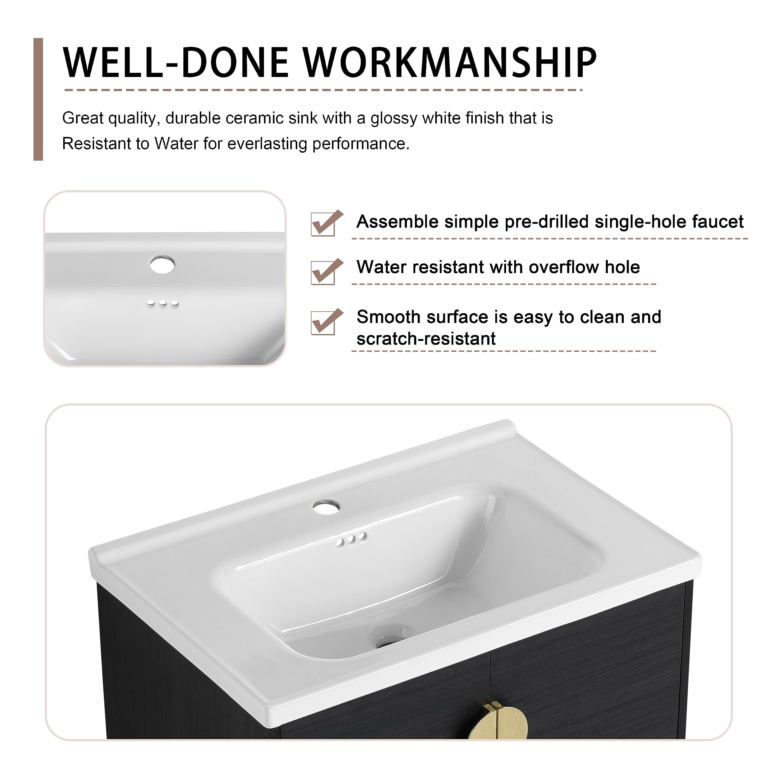 28-Inch Wall Mounted Bathroom Vanity with Sink Combo Modern Single Bathroom Vanity Set with Top Ceramic Basin & Storage Cabinet Wood Hanging Bath Cabinet w/Resin Sink for Bathroom (Black-28 Inch)
