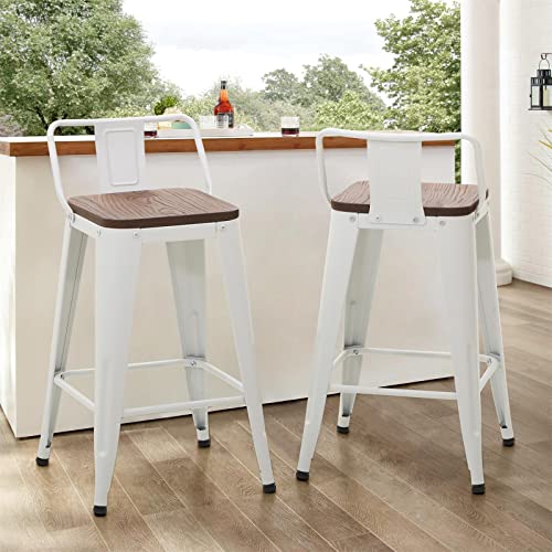 Sophia & William 24 Inch Metal Bar Stools Set of 4 Counter Height Detachable Low Back Bar Stools with Wooden Seat,Indoor/Outdoor Barstools,Creamy White