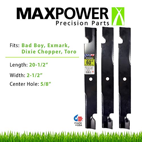 Maxpower 561136B 3-High Lift Blade Set for Many 60 in. Cut Exmark Mowers Replaces OEM #'s 633483, Bad Boy 038-2007-00, Toro 105771803