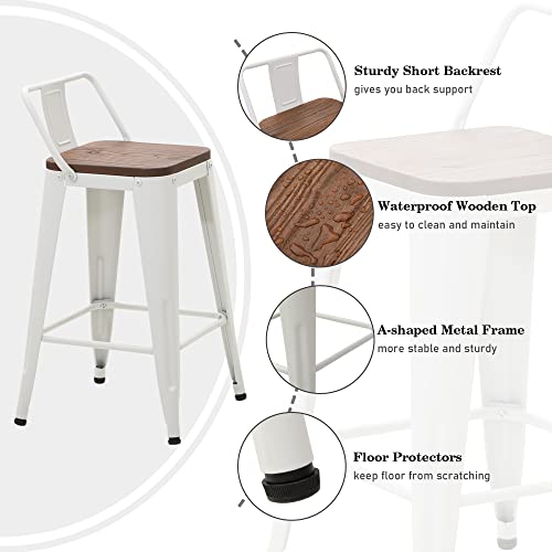Sophia & William 24 Inch Metal Bar Stools Set of 4 Counter Height Detachable Low Back Bar Stools with Wooden Seat,Indoor/Outdoor Barstools,Creamy White