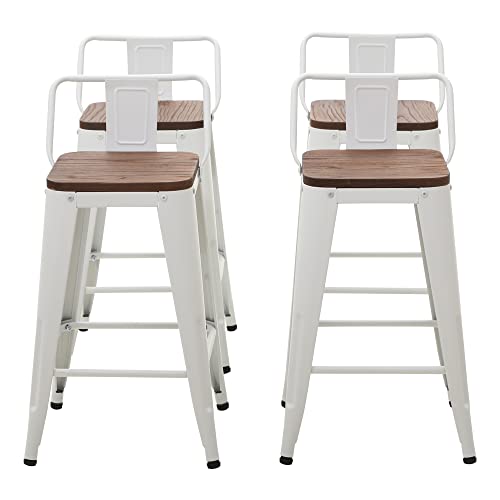 Sophia & William 24 Inch Metal Bar Stools Set of 4 Counter Height Detachable Low Back Bar Stools with Wooden Seat,Indoor/Outdoor Barstools,Creamy White