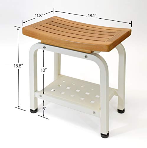 Bali Teak & Aluminum Indoor Outdoor Shower/Bath/Spa/Patio Stool Bench, Seat Chair with Storage Shelf and Adjustable TPR Feet, Anthology Spa Collection, B103/BGE (Light Beige)