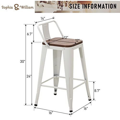 Sophia & William 24 Inch Metal Bar Stools Set of 4 Counter Height Detachable Low Back Bar Stools with Wooden Seat,Indoor/Outdoor Barstools,Creamy White