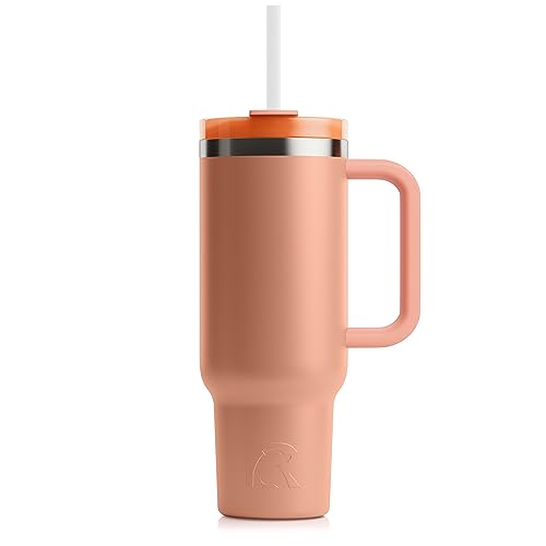 RTIC 40 oz Road Trip Tumbler Double-Walled Insulated Stainless Steel Portable Travel Coffee Mug Cup with Lid, Handle and Straw, Ceramic-Lined, Salmon
