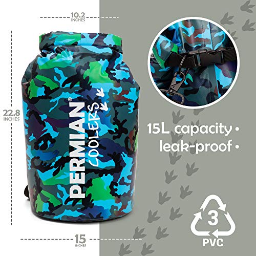 PERMIAN Portable Cooler Bag Roll Top, Camouflage, Insulated, 15L Foldable, Waterproof Dry Bag for Boating/Fishing, Cooler Backpack for Camping/Hiking, Leakproof, Floating Cooler for Kayaking - Camo