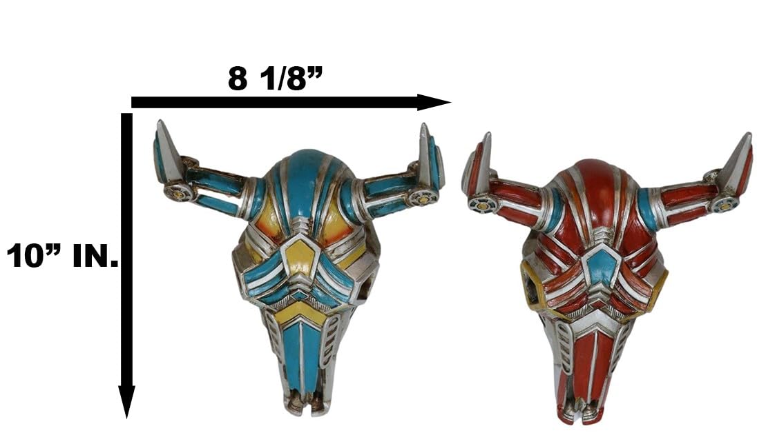 Ebros Gift Set of 2 Red and Blue Western Robotic Cyborg Horned Cow Skull 10" H Wall Decor Sculptures Wildlife Bisons Bulls Spirit Totem Accent Sculpture