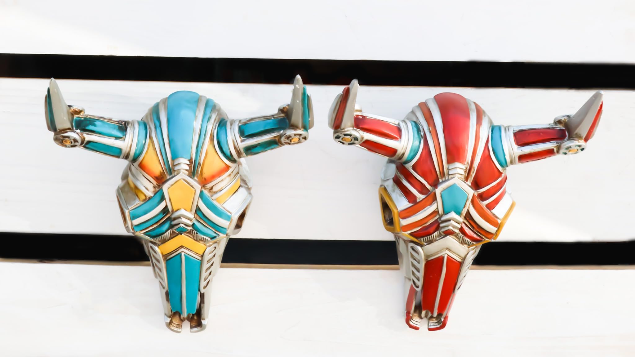 Ebros Gift Set of 2 Red and Blue Western Robotic Cyborg Horned Cow Skull 10" H Wall Decor Sculptures Wildlife Bisons Bulls Spirit Totem Accent Sculpture