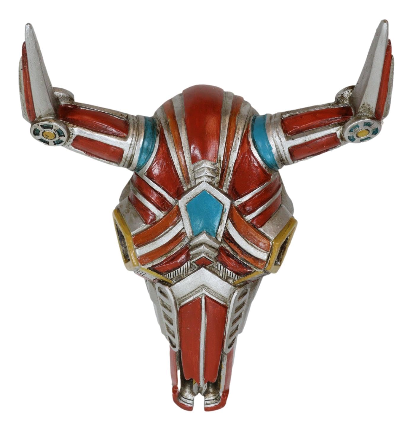 Ebros Gift Set of 2 Red and Blue Western Robotic Cyborg Horned Cow Skull 10" H Wall Decor Sculptures Wildlife Bisons Bulls Spirit Totem Accent Sculpture