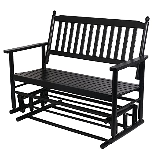 LUCKYERMORE Patio Glider Swing Bench 2-Person Garden Rocking Seating for Outdoor, Wooden Porch Loveseat Chair for Outside, Backyard, Poolside, Garden, Black