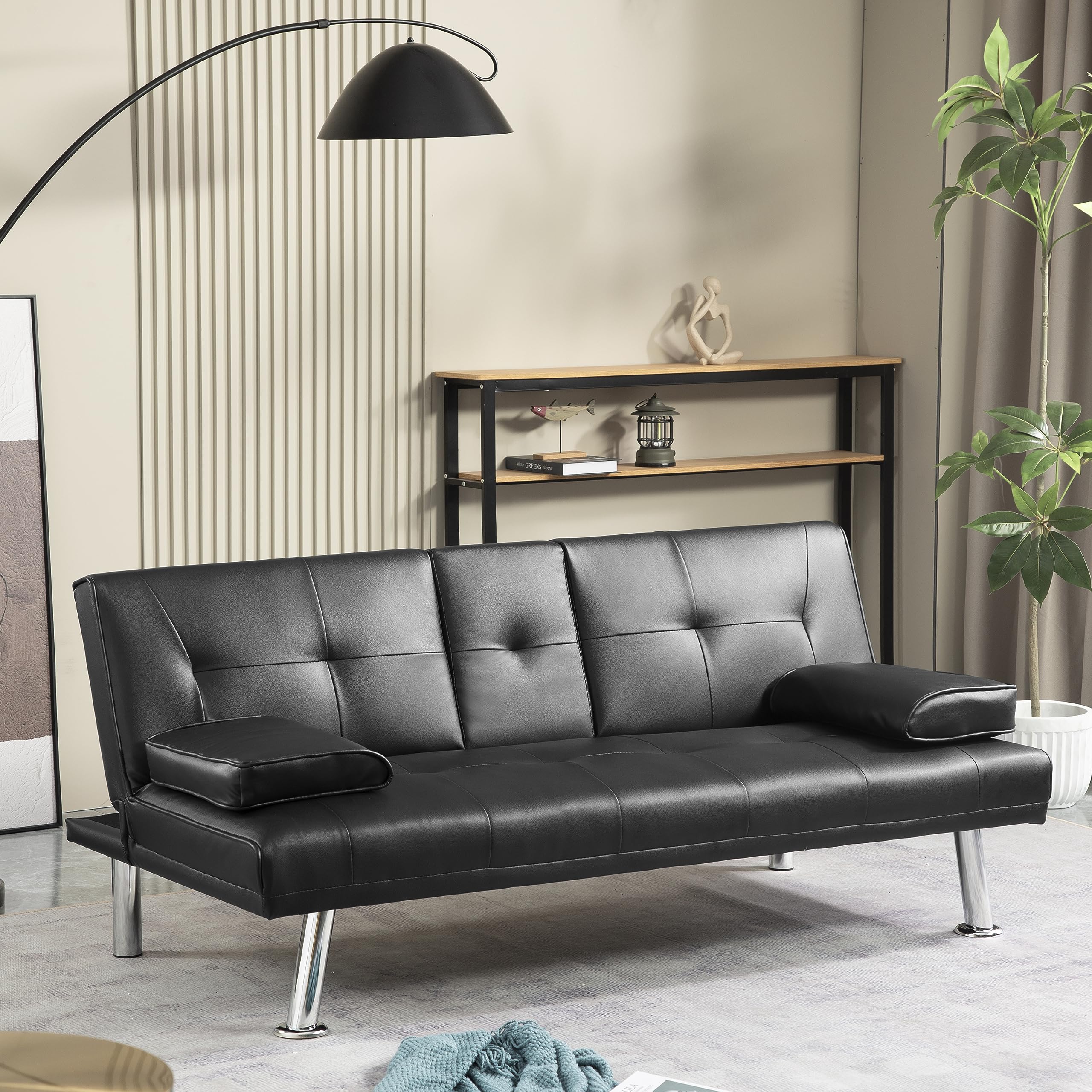 Eafurn Faxu Leather Futon Bed Convertible Folding Couch for Living Room Sectional Sleeper Sofa for Small Space with Cup Holder and Removable Armrest, Black