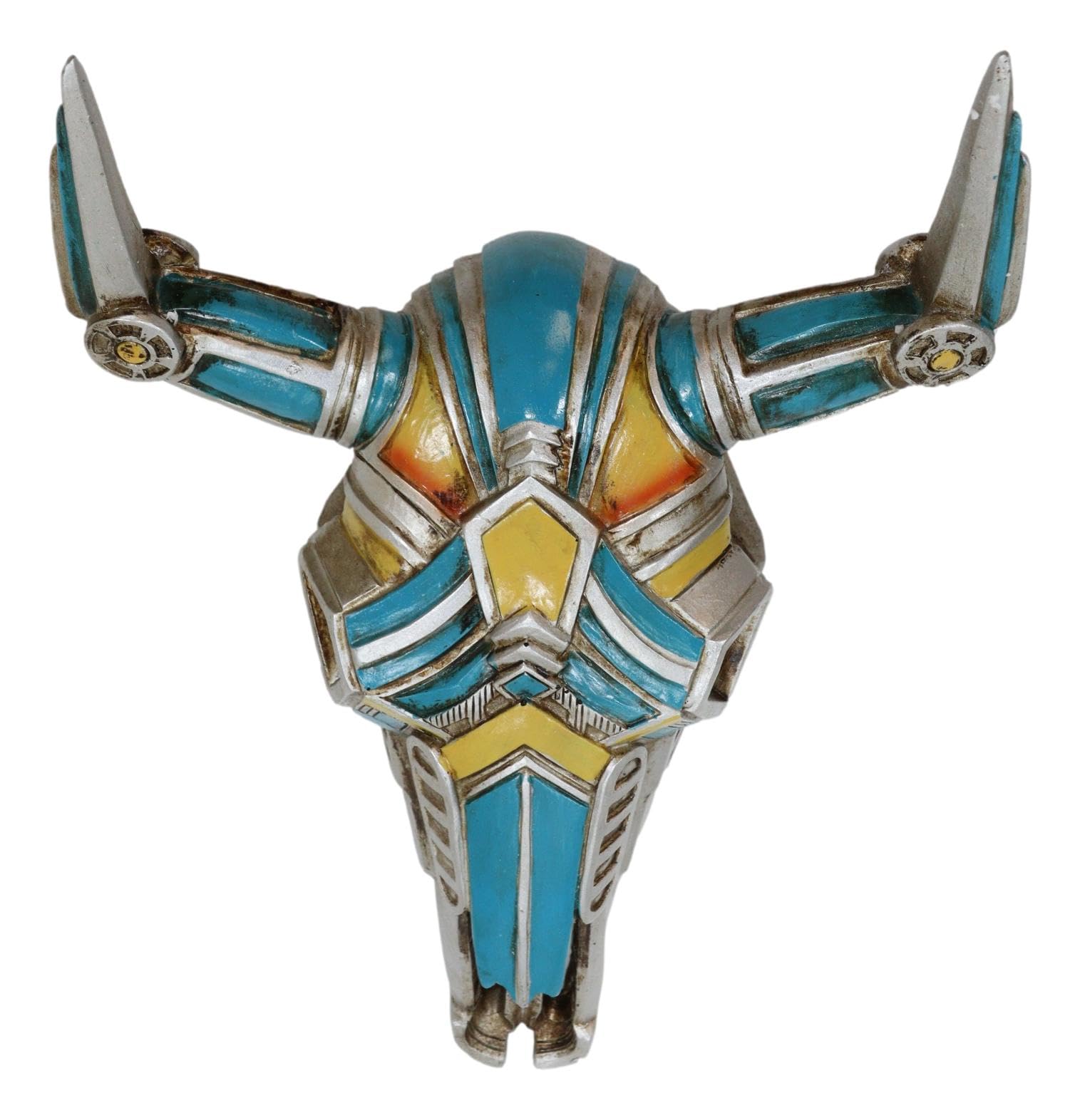 Ebros Gift Set of 2 Red and Blue Western Robotic Cyborg Horned Cow Skull 10" H Wall Decor Sculptures Wildlife Bisons Bulls Spirit Totem Accent Sculpture