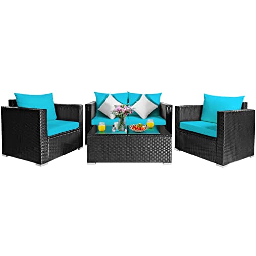 LUKEO Patio Rattan Furniture Set Cushioned Sofa Chair Coffee Table Suitable for Balconies, Rooftops, Gardens and Any Places of Leisure